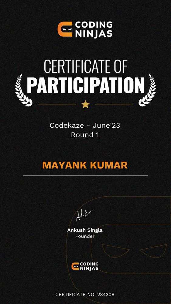 Mayank Kumar on LinkedIn: Codingninjas | Participation Mayank Kumar on LinkedIn: Codingninjas | Participation