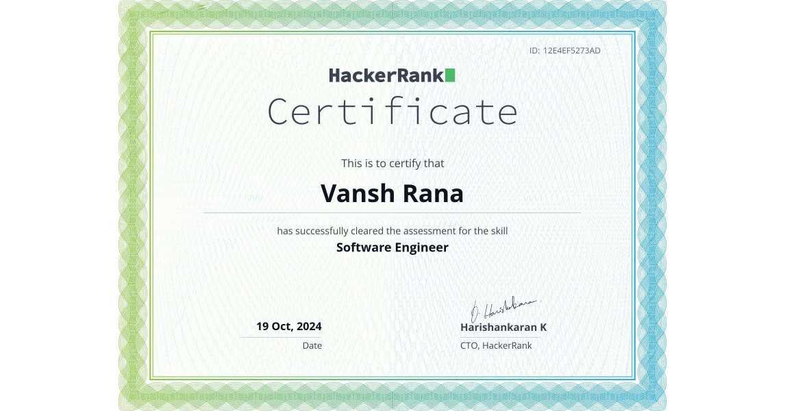 Vansh Rana on LinkedIn: HackerRank Skill Certificate Vansh Rana on LinkedIn: HackerRank Skill Certificate