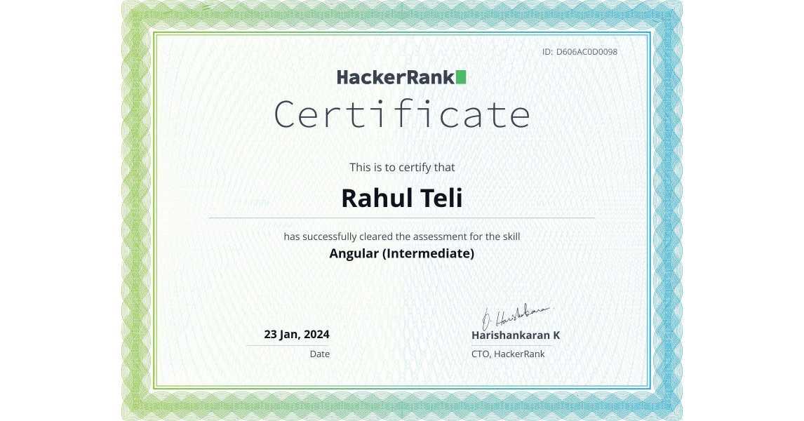 Rahul Teli on LinkedIn: HackerRank Skill Certificate Rahul Teli on LinkedIn: HackerRank Skill Certificate