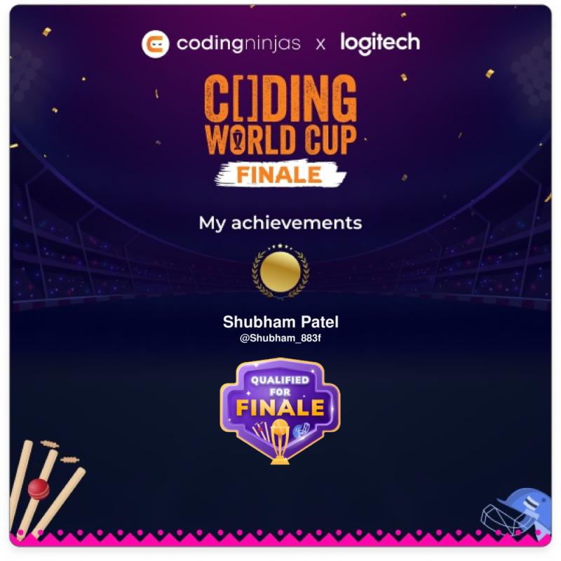 SHUBHAM KUMAR PATEL on LinkedIn: Coding World Cup 2023 Finale SHUBHAM KUMAR PATEL on LinkedIn: Coding World Cup 2023 Finale