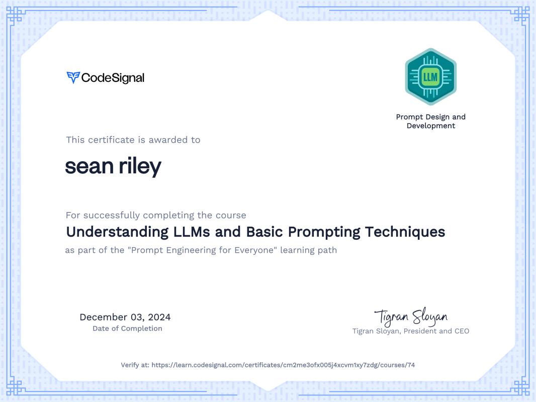 Course certificate for Understanding LLMs and Basic Prompting ... Course certificate for Understanding LLMs and Basic Prompting ...