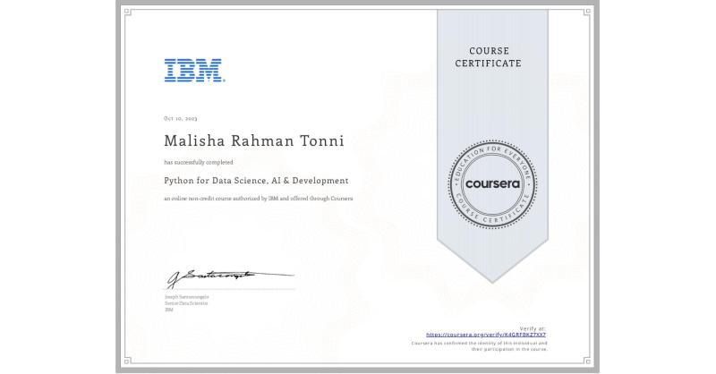 Malisha Rahman Tonni on LinkedIn: Completion Certificate for Python for ... Malisha Rahman Tonni on LinkedIn: Completion Certificate for Python for ...