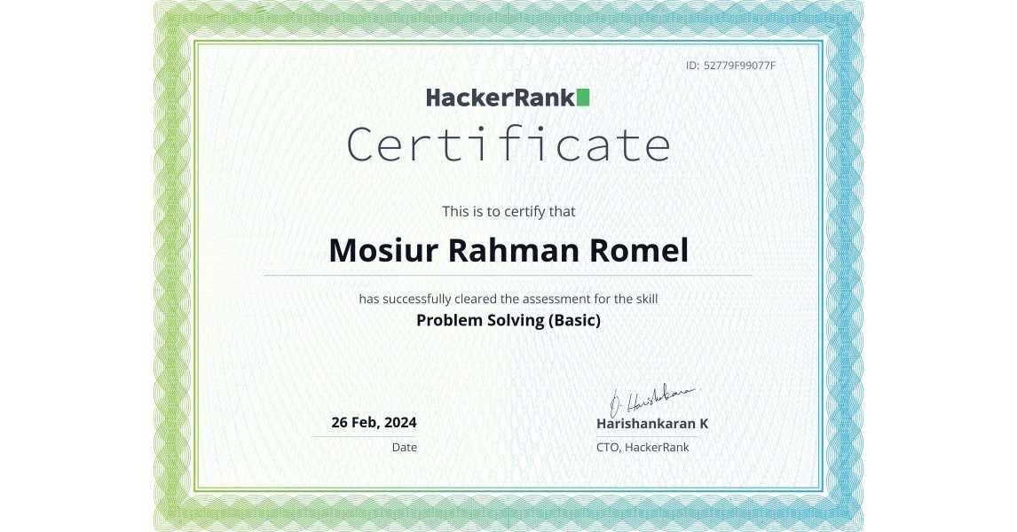 Md Mosiur Rahman Romel on LinkedIn: HackerRank Skill Certificate Md Mosiur Rahman Romel on LinkedIn: HackerRank Skill Certificate