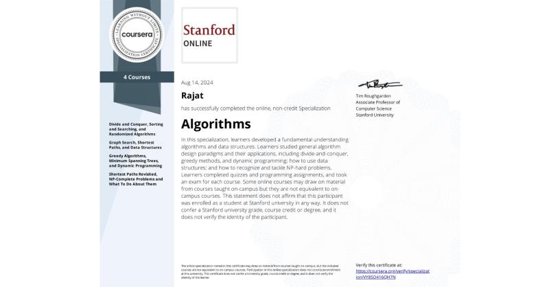 Rajat . on LinkedIn: Completion Certificate for Algorithms Rajat . on LinkedIn: Completion Certificate for Algorithms