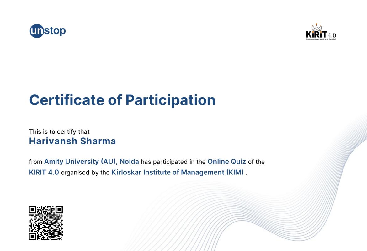 Harivansh Sharma on LinkedIn: Certificate of Participation Harivansh Sharma on LinkedIn: Certificate of Participation