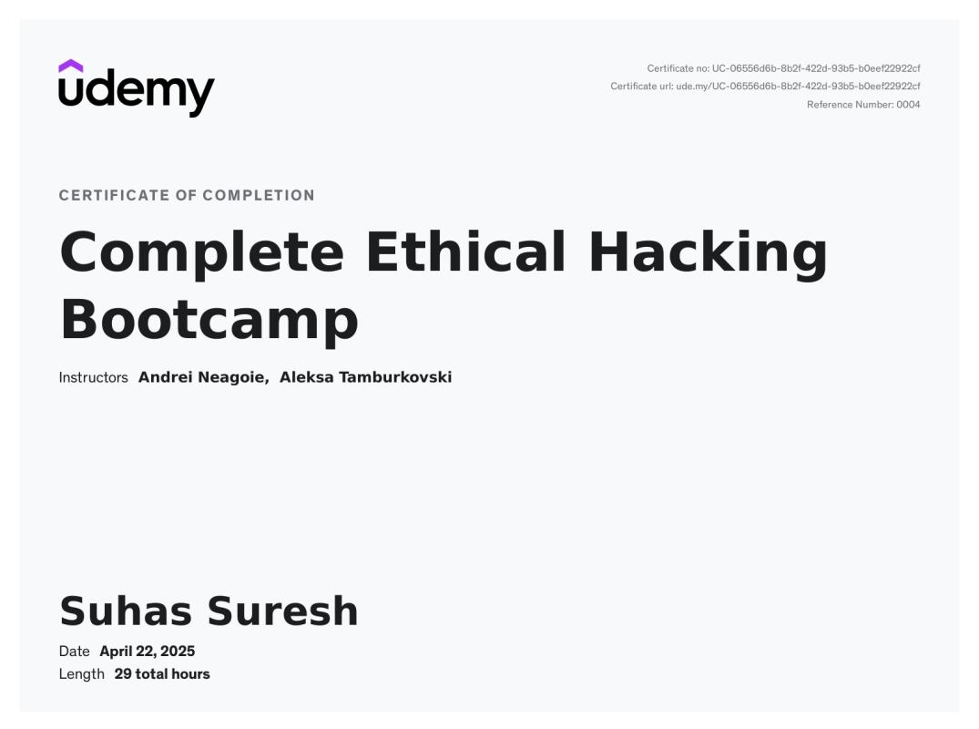 Udemy Course Completion Certificate | Suhas Suresh Udemy Course Completion Certificate | Suhas Suresh