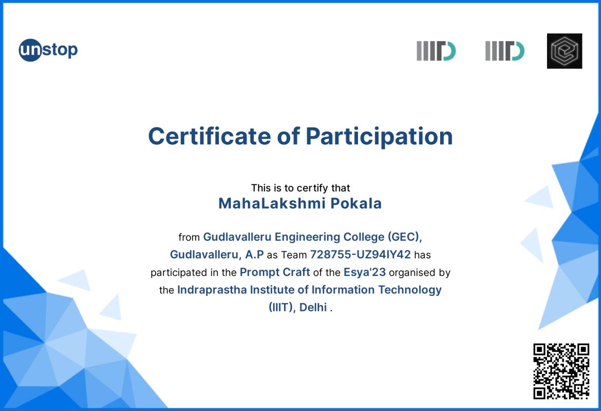 Maha Lakshmi Pokala on LinkedIn: Certificate of Participation Maha Lakshmi Pokala on LinkedIn: Certificate of Participation