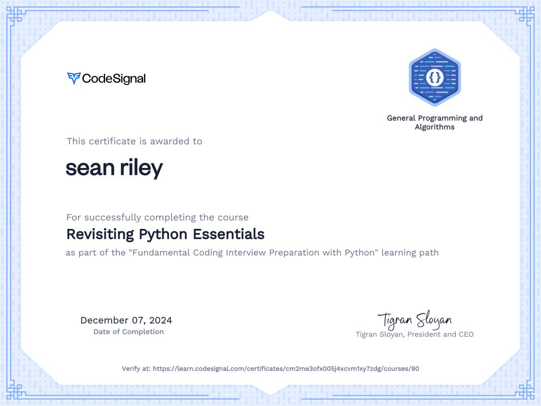 Course certificate for Revisiting Python Essentials | Sean Riley Course certificate for Revisiting Python Essentials | Sean Riley