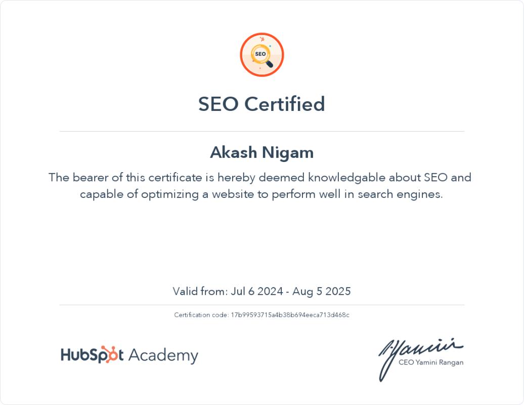 Akash Nigam on LinkedIn: HubSpot Academy SEO Certification Akash Nigam on LinkedIn: HubSpot Academy SEO Certification