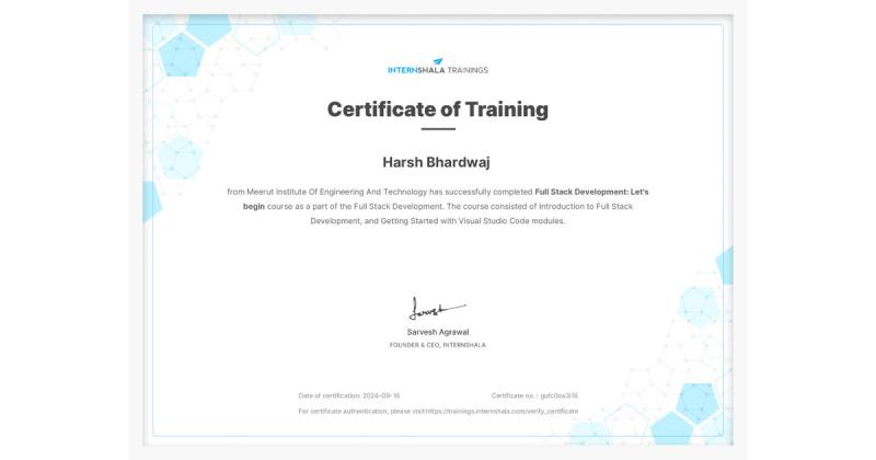 Completed Full Stack Development course from Internshala | Harsh ... Completed Full Stack Development course from Internshala | Harsh ...