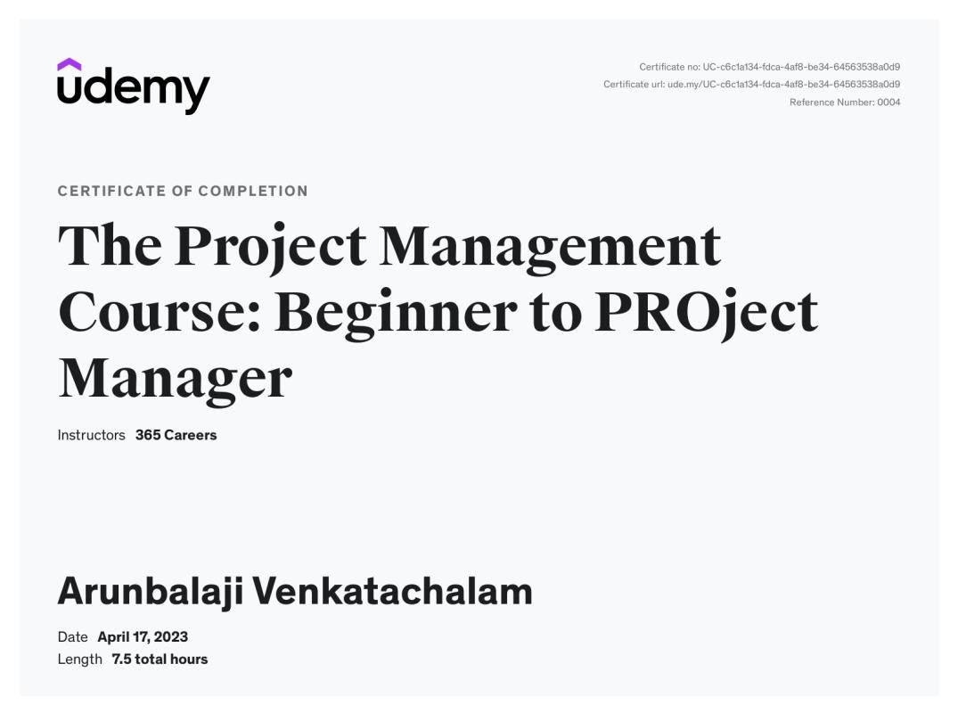 Udemy Course Completion Certificate | Arun Balaji V Udemy Course Completion Certificate | Arun Balaji V