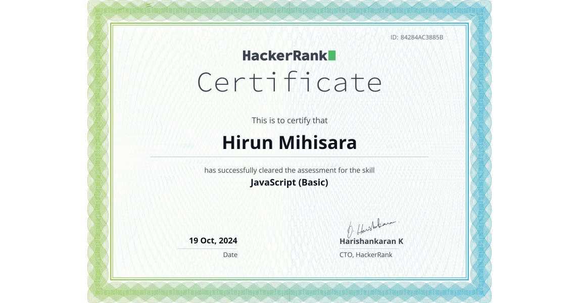 hirun mihisara on LinkedIn: HackerRank Skill Certificate hirun mihisara on LinkedIn: HackerRank Skill Certificate