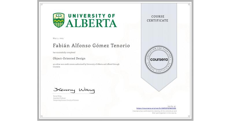 Completion Certificate for Object-Oriented Design | Fabián Alfonso ... Completion Certificate for Object-Oriented Design | Fabián Alfonso ...
