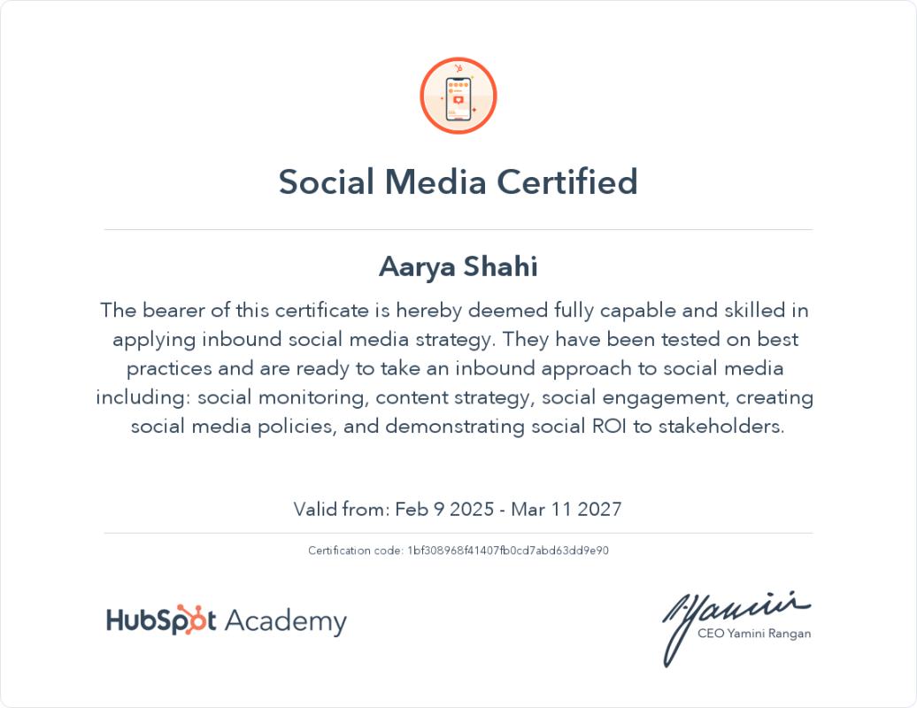 HubSpot Academy Social Media Marketing Certification | Aarya Shahi HubSpot Academy Social Media Marketing Certification | Aarya Shahi