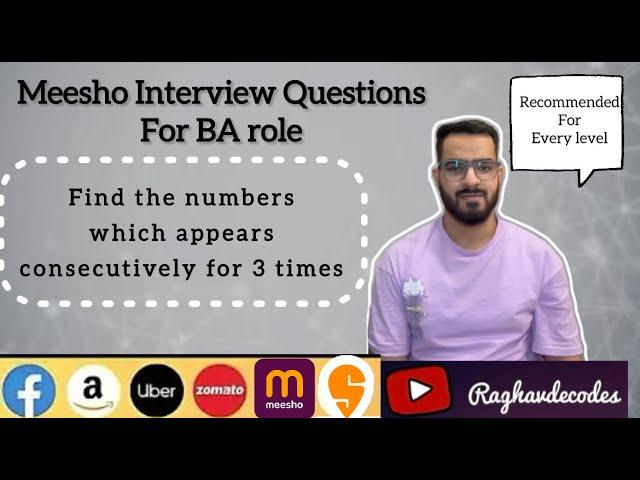 Meesho BA Interview Question | 3 consecutive numbers | SQL Tutorial ... Meesho BA Interview Question | 3 consecutive numbers | SQL Tutorial ...