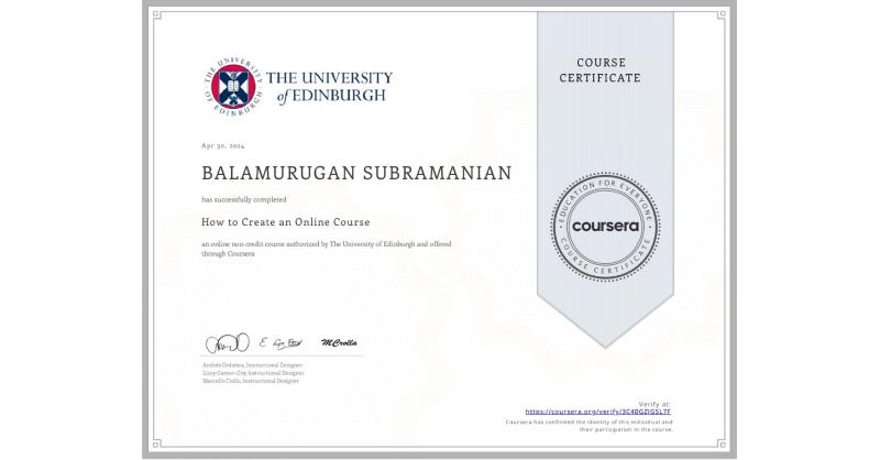 Completion Certificate for How to Create an Online Course | BALAMURUGAN. S Completion Certificate for How to Create an Online Course | BALAMURUGAN. S
