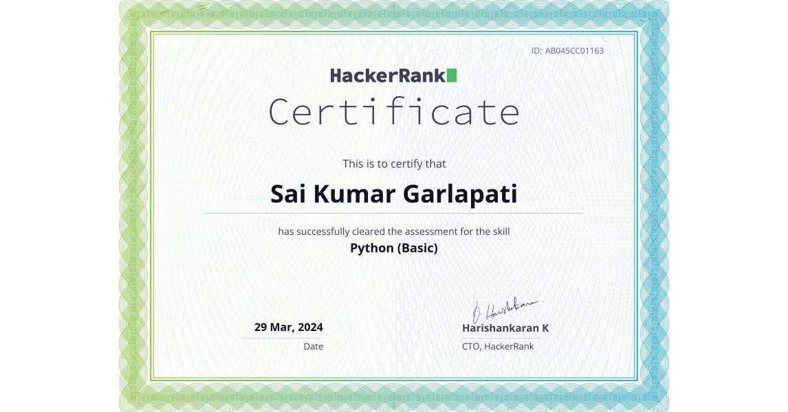 Sai Kumar Garlapati on LinkedIn: HackerRank Skill Certificate Sai Kumar Garlapati on LinkedIn: HackerRank Skill Certificate