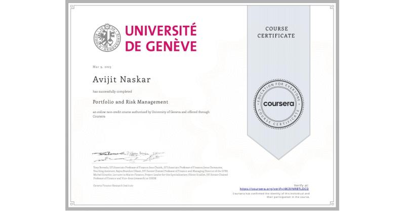 Completion Certificate for Portfolio and Risk Management | AVIJIT NASKAR Completion Certificate for Portfolio and Risk Management | AVIJIT NASKAR