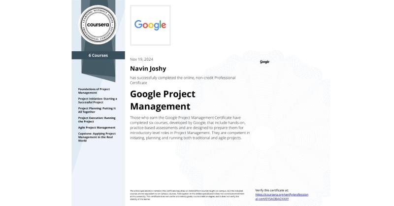 Navin Joshy on LinkedIn: Completion Certificate for Google Project ... Navin Joshy on LinkedIn: Completion Certificate for Google Project ...