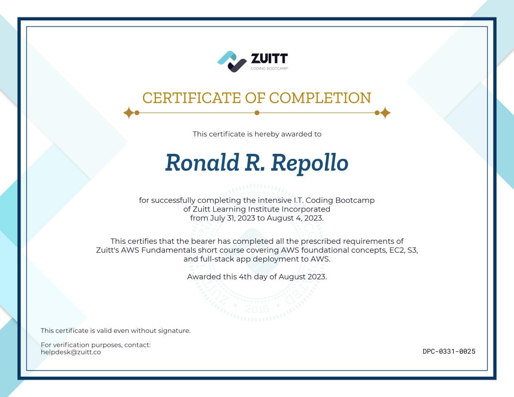 Ronald Repollo on LinkedIn: Zuitt Coding Bootcamp Certificate of Completion Ronald Repollo on LinkedIn: Zuitt Coding Bootcamp Certificate of Completion