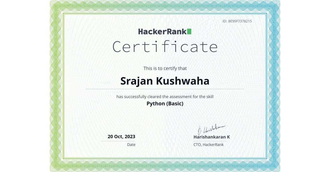 Srajan Kushwaha on LinkedIn: HackerRank Skill Certificate Srajan Kushwaha on LinkedIn: HackerRank Skill Certificate