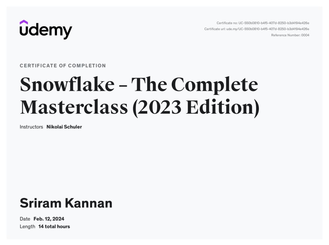 Udemy Course Completion Certificate | Sriram Kannan Udemy Course Completion Certificate | Sriram Kannan