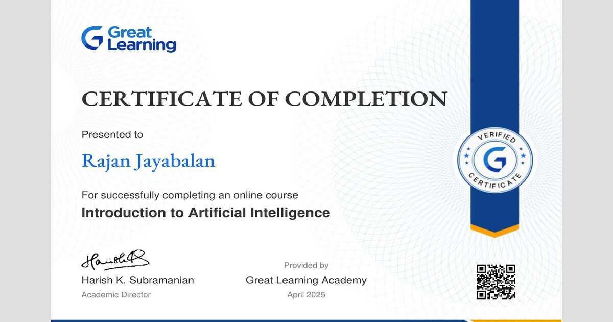 Introduction to Artificial Intelligence course completion certificate ... Introduction to Artificial Intelligence course completion certificate ...