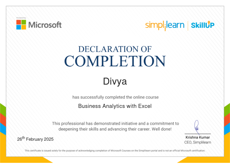 Divya has successfully completed the Business Analytics with Excel ... Divya has successfully completed the Business Analytics with Excel ...