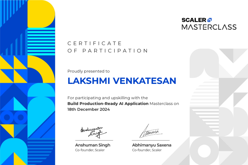 Lakshmi Venkatesan on LinkedIn: Certificate | Build Production-Ready AI ... Lakshmi Venkatesan on LinkedIn: Certificate | Build Production-Ready AI ...