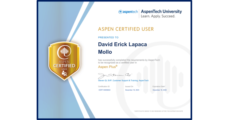 I'm happy to share that I am now a certified Aspen Plus User. | David ... I'm happy to share that I am now a certified Aspen Plus User. | David ...