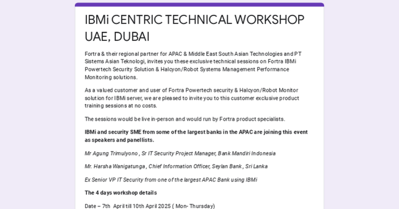 IBMi CENTRIC TECHNICAL WORKSHOP UAE, DUBAI | Rohit Mathur IBMi CENTRIC TECHNICAL WORKSHOP UAE, DUBAI | Rohit Mathur