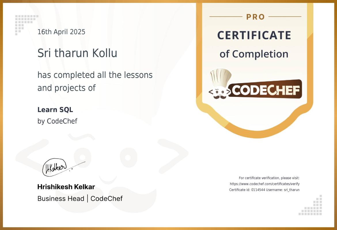 CodeChef Certificate - Sri tharun Kollu | Sri tharun Kollu CodeChef Certificate - Sri tharun Kollu | Sri tharun Kollu