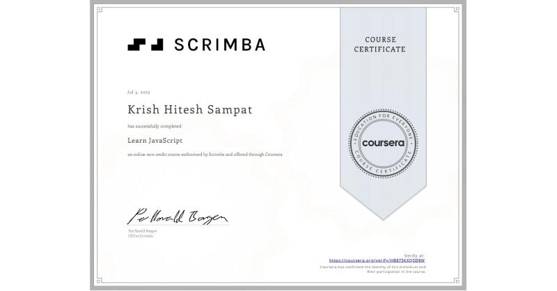 Krish Sampat on LinkedIn: Completion Certificate for Learn JavaScript Krish Sampat on LinkedIn: Completion Certificate for Learn JavaScript