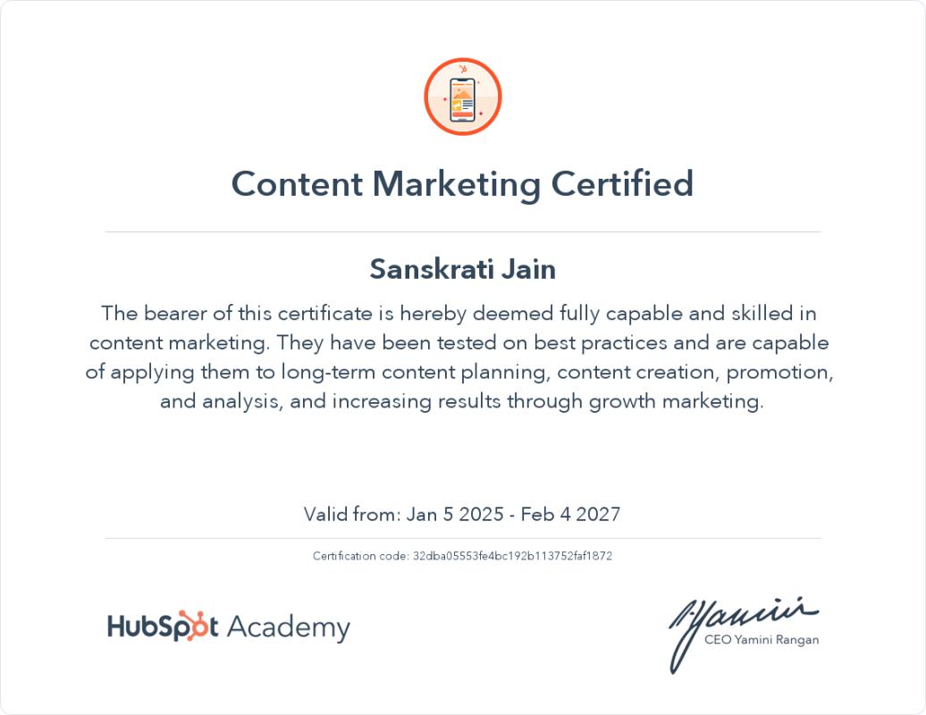 Sanskrati Jain on LinkedIn: HubSpot Academy Content Marketing Certification Sanskrati Jain on LinkedIn: HubSpot Academy Content Marketing Certification