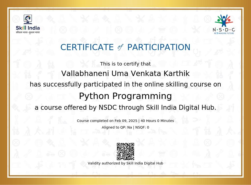 Successfully completed the Python Programming course offered by NSDC ... Successfully completed the Python Programming course offered by NSDC ...