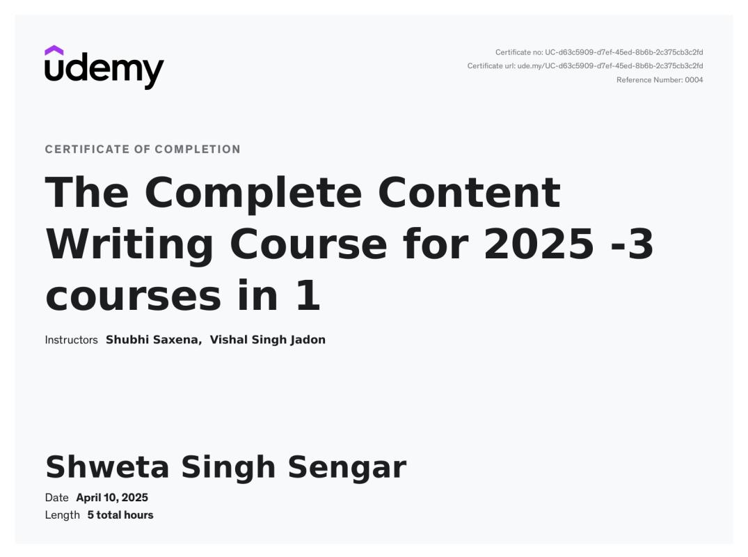 Udemy Course Completion Certificate | Shweta Sengar Udemy Course Completion Certificate | Shweta Sengar
