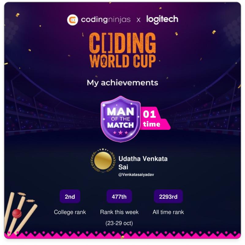 Udatha Venkatasai on LinkedIn: Coding World Cup Udatha Venkatasai on LinkedIn: Coding World Cup