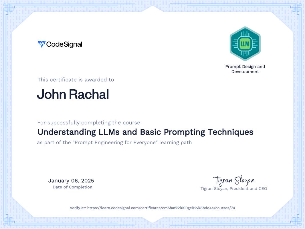 Course certificate for Understanding LLMs and Basic Prompting ... Course certificate for Understanding LLMs and Basic Prompting ...