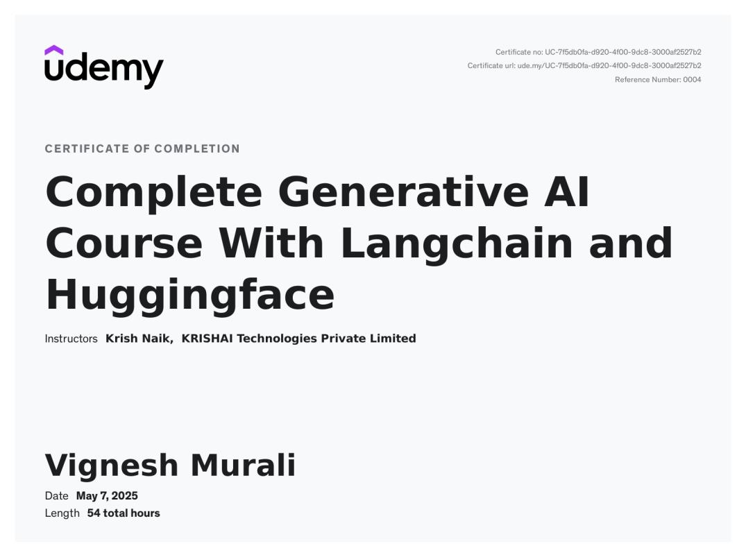 Udemy Course Completion Certificate | Vignesh Murali Udemy Course Completion Certificate | Vignesh Murali
