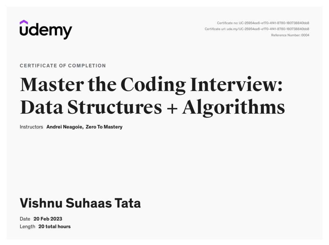 Udemy Course Completion Certificate | Vishnu Suhaas Tata Udemy Course Completion Certificate | Vishnu Suhaas Tata