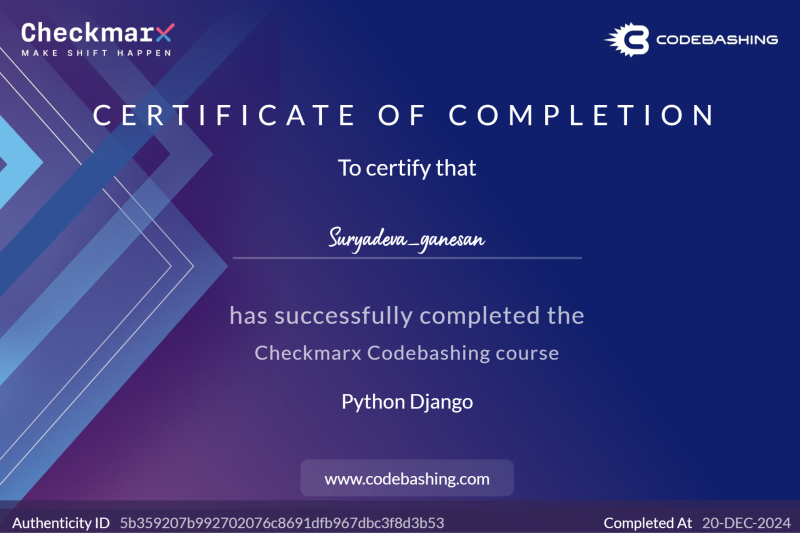 Completed 'Python Django' course in Codebashing! | Surya Deva Completed 'Python Django' course in Codebashing! | Surya Deva
