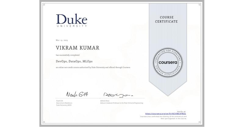 Completion Certificate for DevOps, DataOps, MLOps | VIKRAM KUMAR Completion Certificate for DevOps, DataOps, MLOps | VIKRAM KUMAR