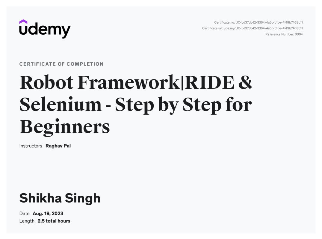 Udemy Course Completion Certificate | Shikha Singh Udemy Course Completion Certificate | Shikha Singh