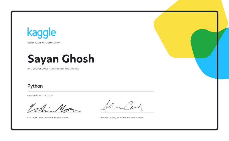 Sayan Ghosh on LinkedIn: Sayan Ghosh completed the Python course on Kaggle! Sayan Ghosh on LinkedIn: Sayan Ghosh completed the Python course on Kaggle!