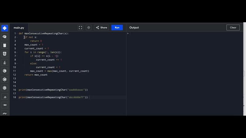 MaxConsecutiveRepeatingCharacter Mar 19#dsa #codinginterview #python # ... MaxConsecutiveRepeatingCharacter Mar 19#dsa #codinginterview #python # ...