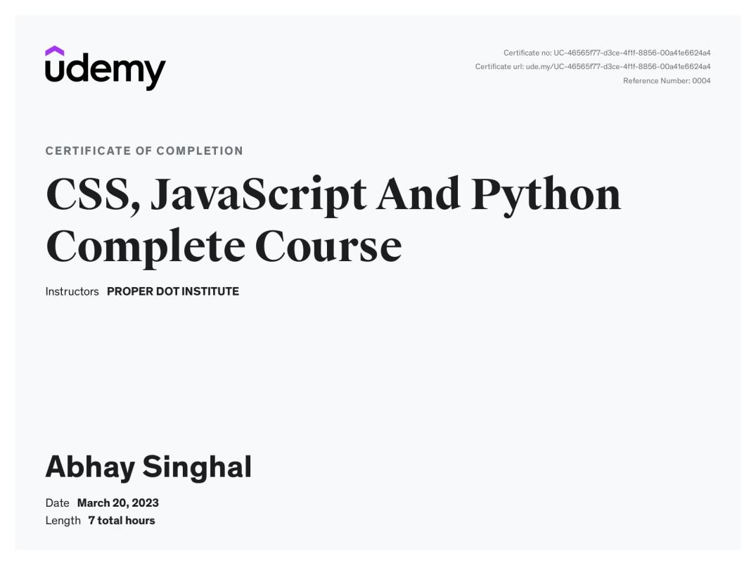 Udemy Course Completion Certificate | Abhay Singhal Udemy Course Completion Certificate | Abhay Singhal