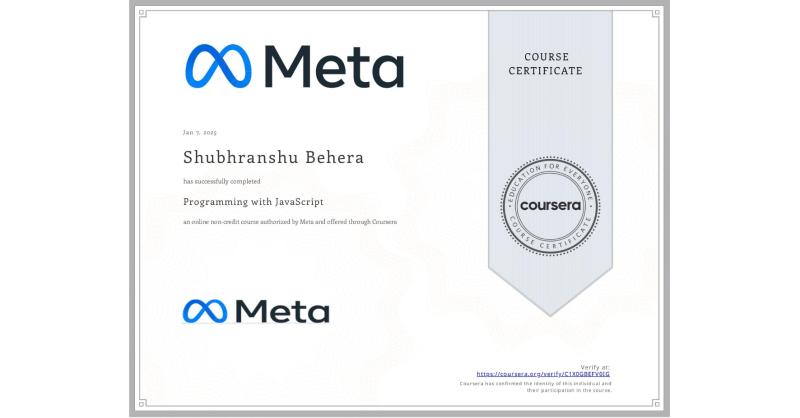 Completion Certificate for Programming with JavaScript | Shubhranshu Behera Completion Certificate for Programming with JavaScript | Shubhranshu Behera