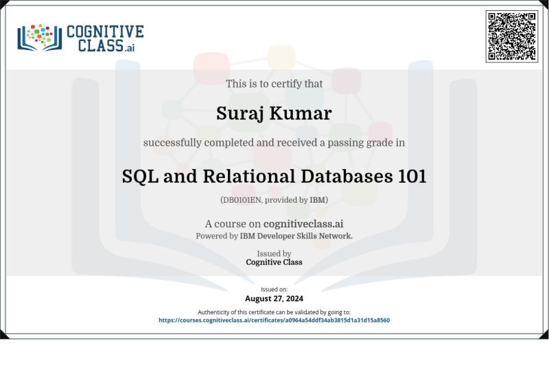 SURAJ KUMAR on LinkedIn: IBM DB0101EN Certificate | Cognitive Class SURAJ KUMAR on LinkedIn: IBM DB0101EN Certificate | Cognitive Class