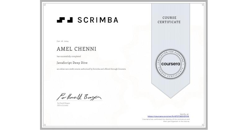 Amel Chenni on LinkedIn: Completion Certificate for JavaScript Deep Dive Amel Chenni on LinkedIn: Completion Certificate for JavaScript Deep Dive