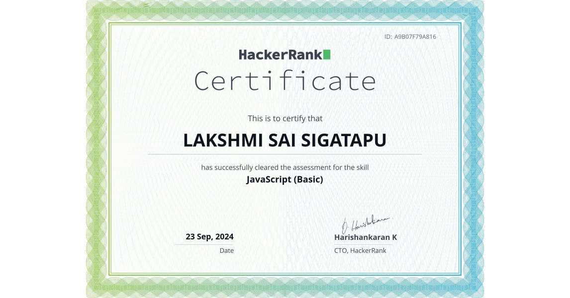 Lakshmi Sai Sigatapu on LinkedIn: HackerRank Skill Certificate Lakshmi Sai Sigatapu on LinkedIn: HackerRank Skill Certificate